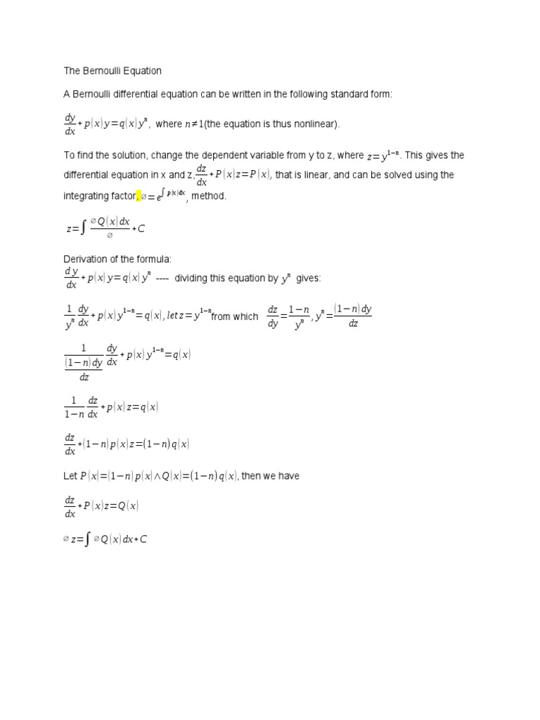 Bernoulli Equation. Example 1, 2, 3 | PDF | Differential Equations ...