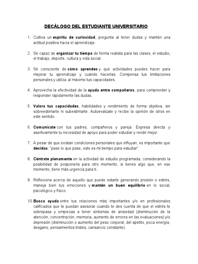 Decalogo Del Estudiante Universitario | PDF
