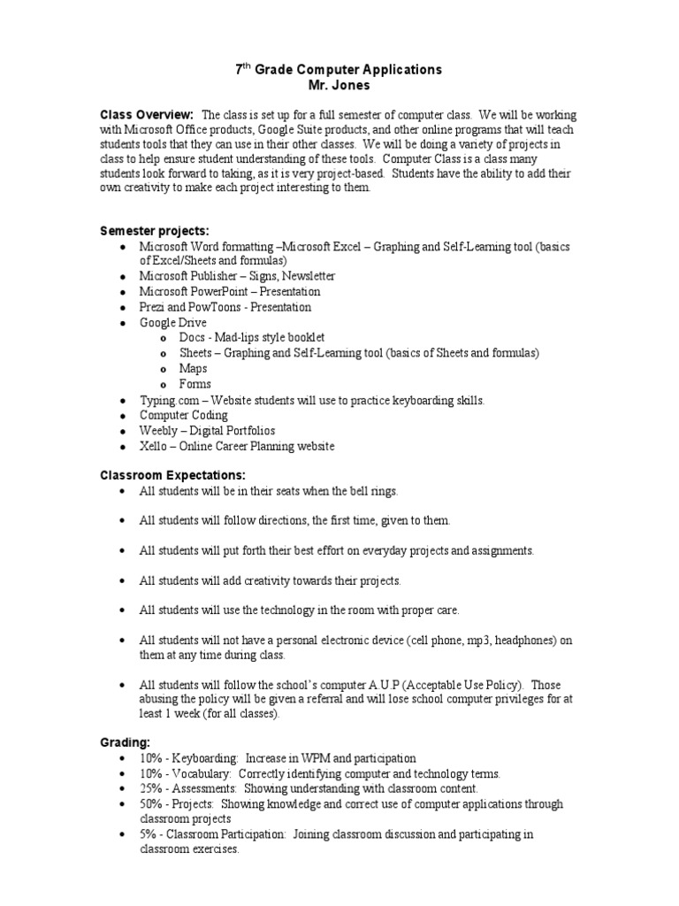 7th Grade Computers Handbook | PDF | Classroom | Educational Technology