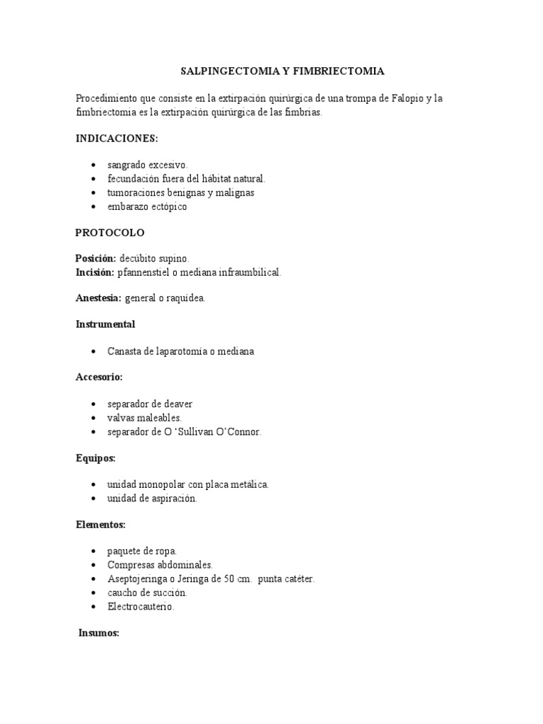 Procedimiento quirúrgico de salpingectomía y fimbriectomía ...
