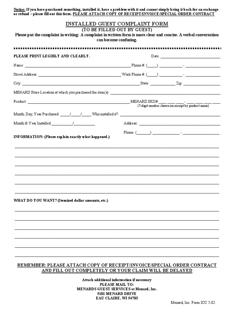 Installed Guest Complaint Form: (To Be Filled Out by Guest) | Download ...