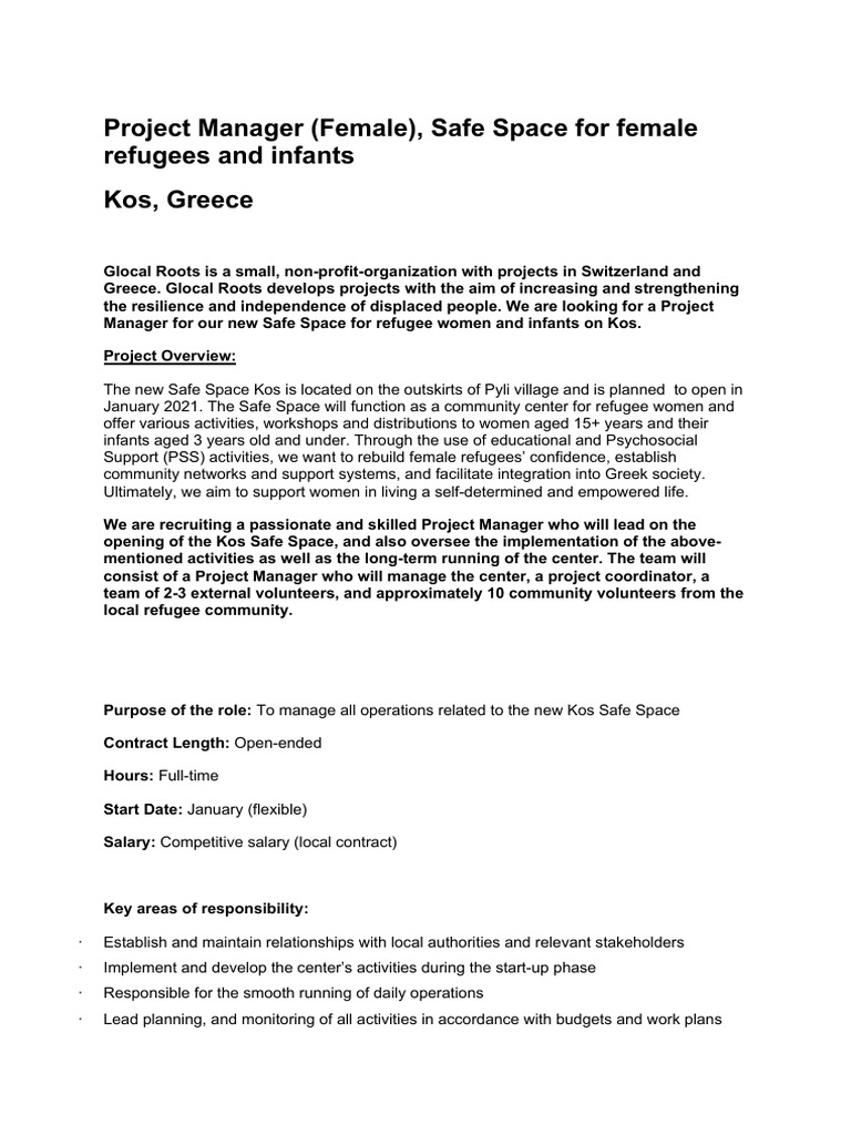 Project Manager for Refugee Women's Center | PDF | Policy | Refugee