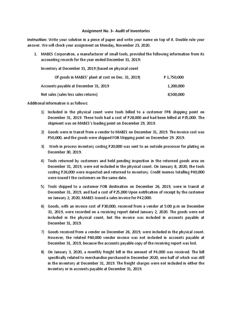 Assignment No. 3 Audit of Inventories | Download Free PDF | Accounts ...