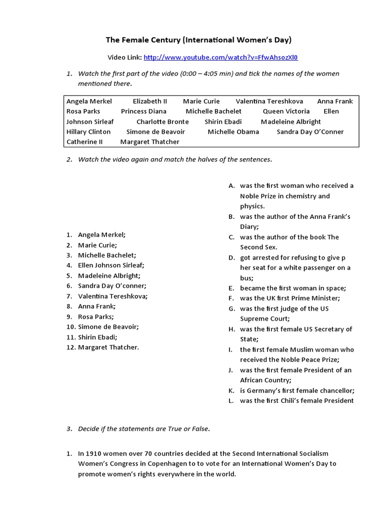 Women's Day Worksheet Activities | PDF | Government