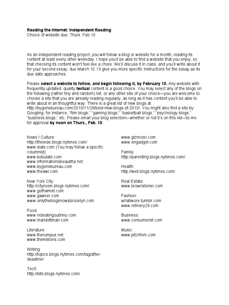 Independent Reading Project Guidelines | PDF | Blog | World Wide Web