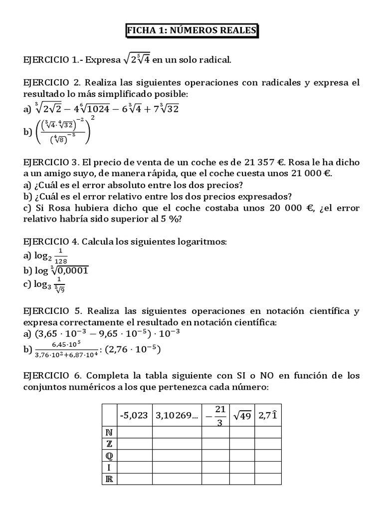 Ejercicios de Números Reales | PDF