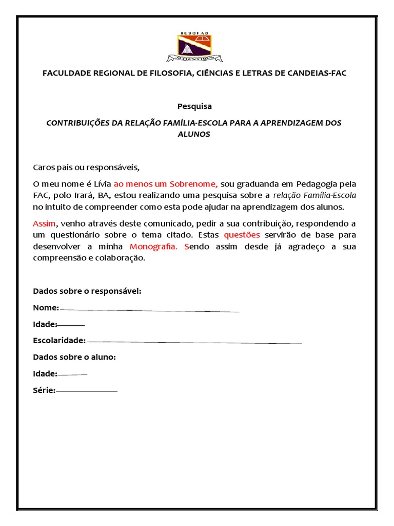 Questionario Livia, Pais | PDF | Escolas | Aprendizado