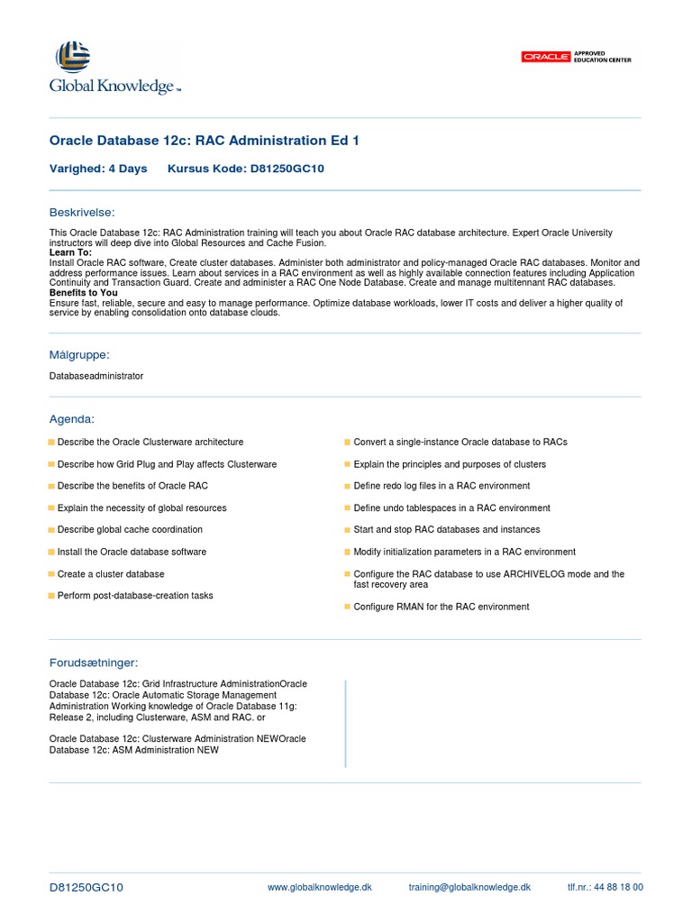 Oracle Database 12c RAC Administration Ed 1 - TOC - D81250GC10 | PDF ...