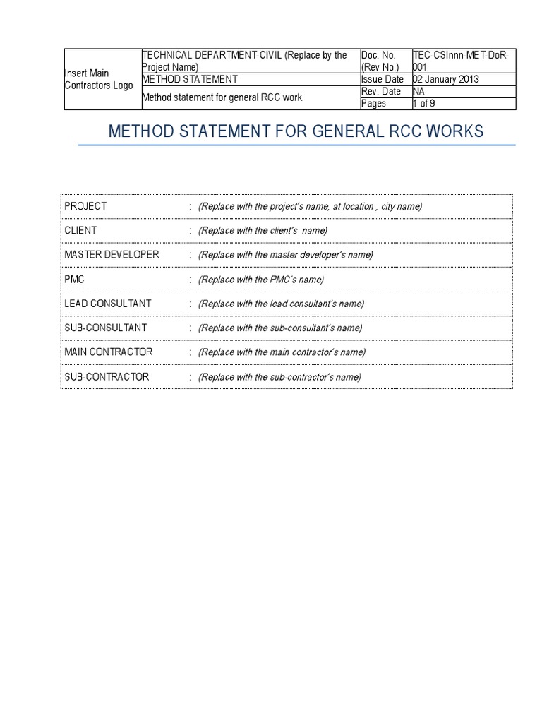 RCC Works Method Statement Guide | PDF | Concrete | Crane (Machine)