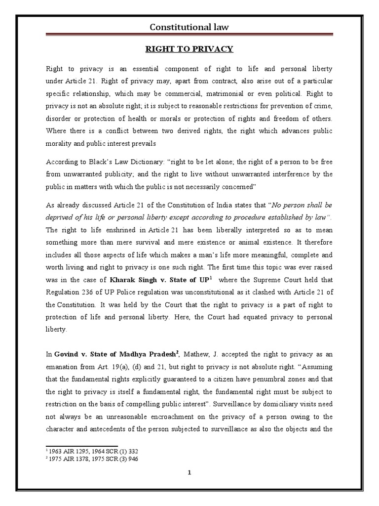 Constitutional Law: Right To Privacy | PDF | Telephone Tapping | Privacy