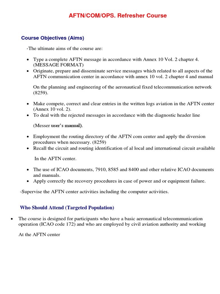 AFTN/COM/OPS. Refresher Course | PDF