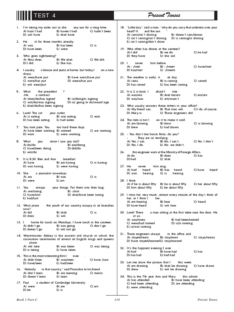 Present Tenses: Test 4 | PDF