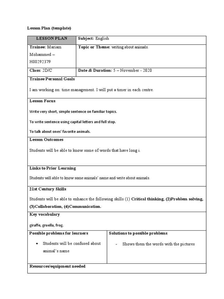 Writing About Animals. | PDF | Lesson Plan | Pedagogy