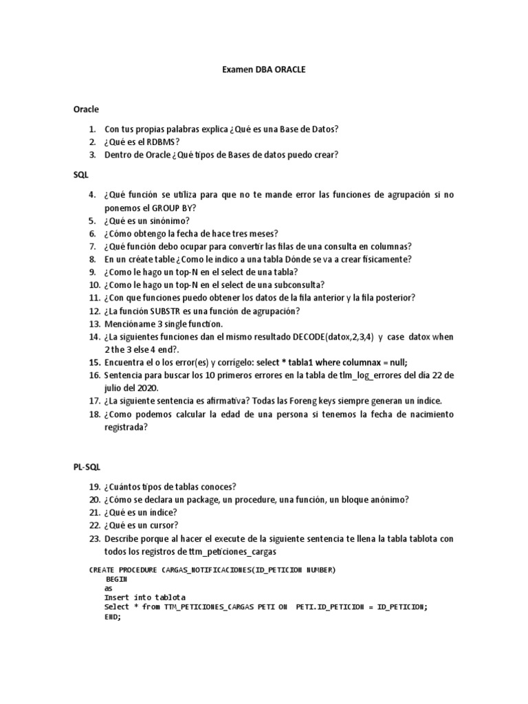 Examen DBA ORACLE | PDF | Recuperación de información | Bases de datos
