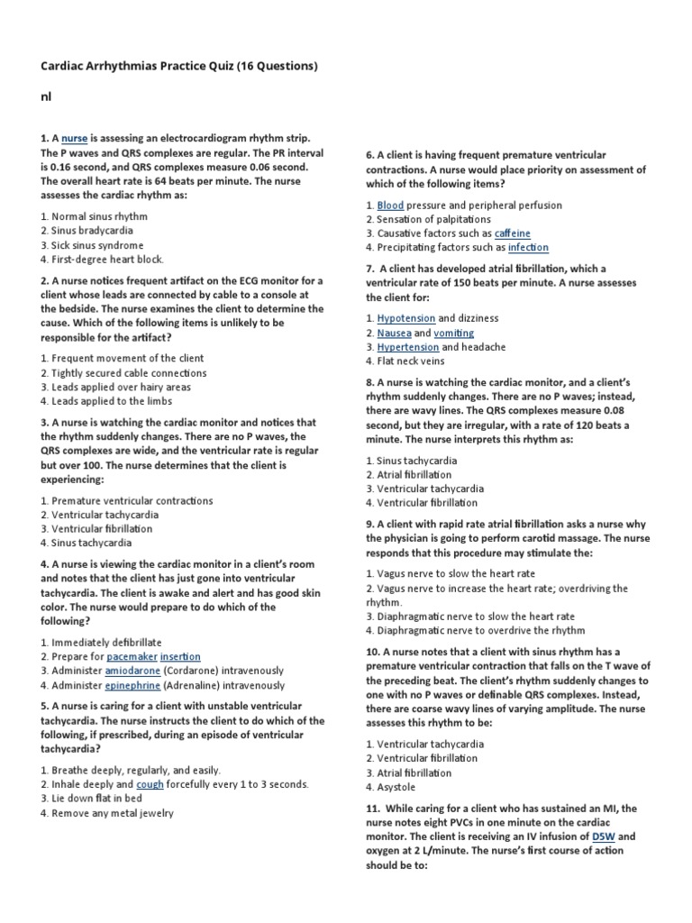 Cardiac Arrhythmias Practice Quiz | PDF | Myocardial Infarction ...