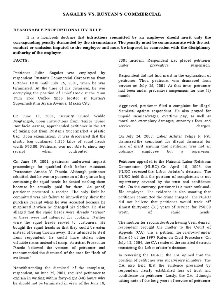 Sagales vs. Rustan'S Commercial | PDF | Burden Of Proof (Law) | Employment