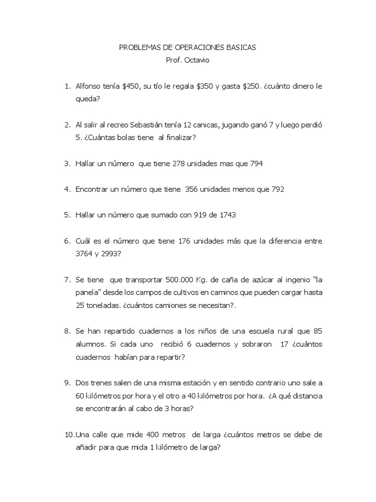 Problemas de Operaciones Basicas Prof. Octavio PDF | PDF