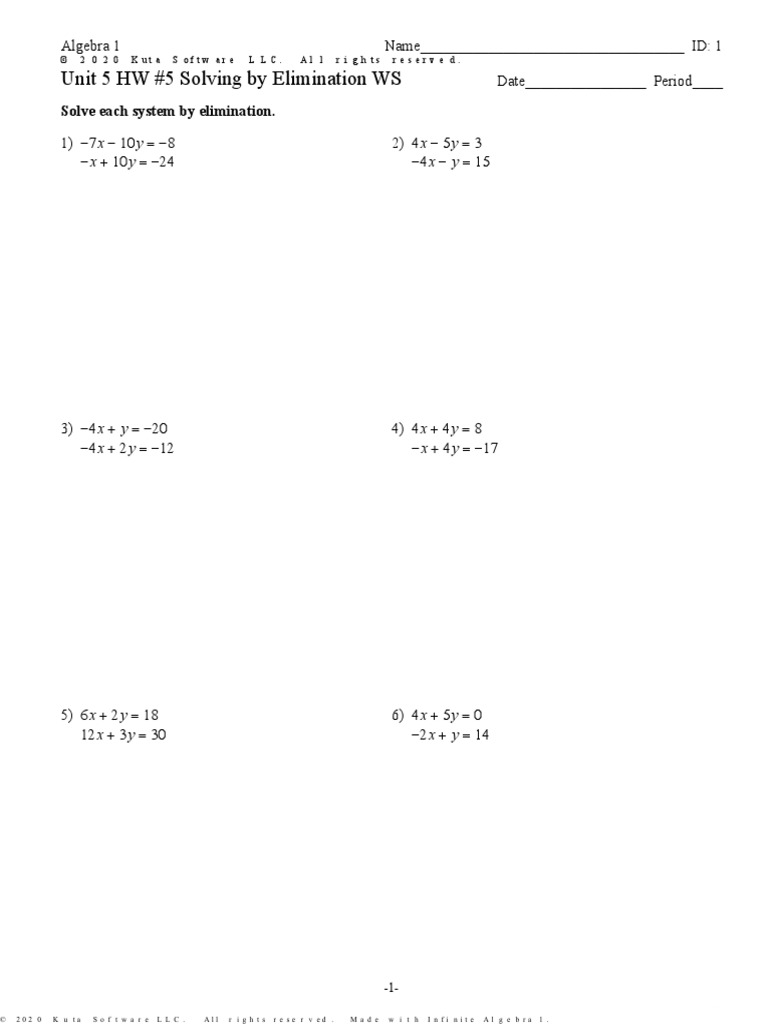 Unit 5 HW 5 Solving Systems by Elimination WS | PDF