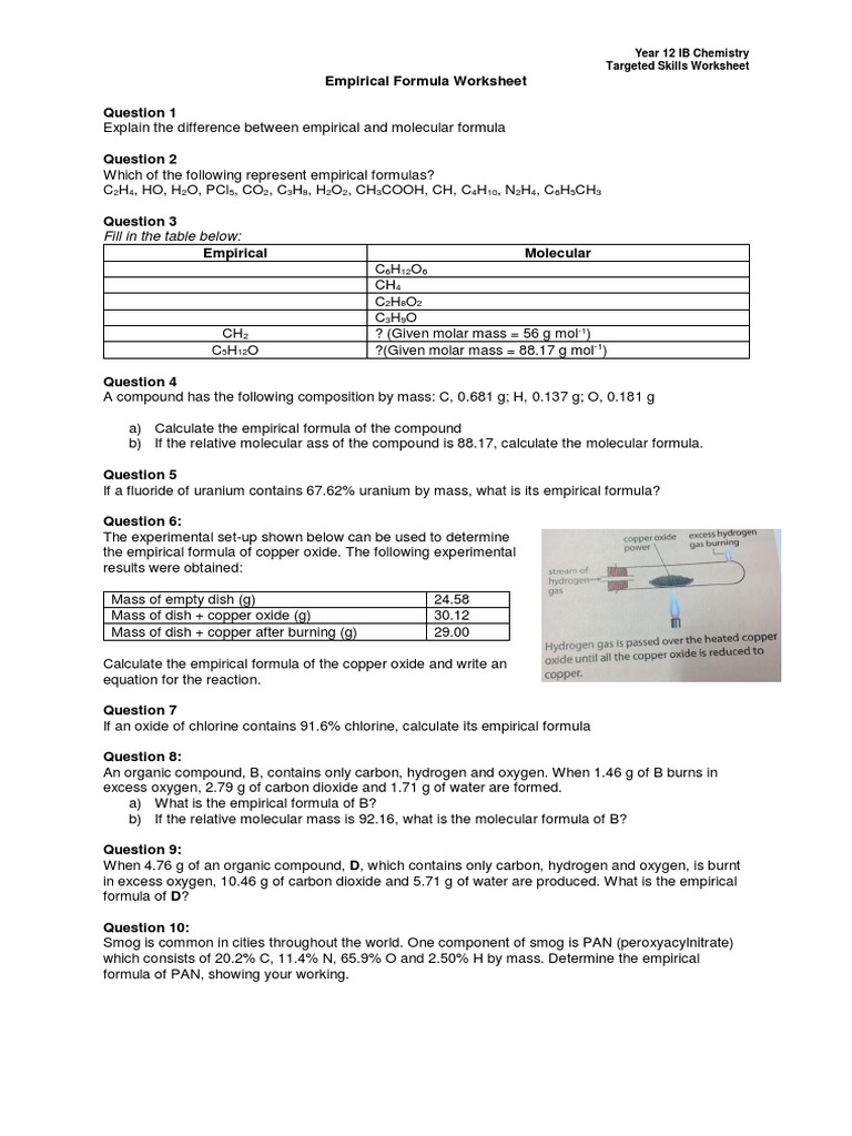Fill in The Table Below:: Empirical Formula Worksheet | PDF | Molecules ...