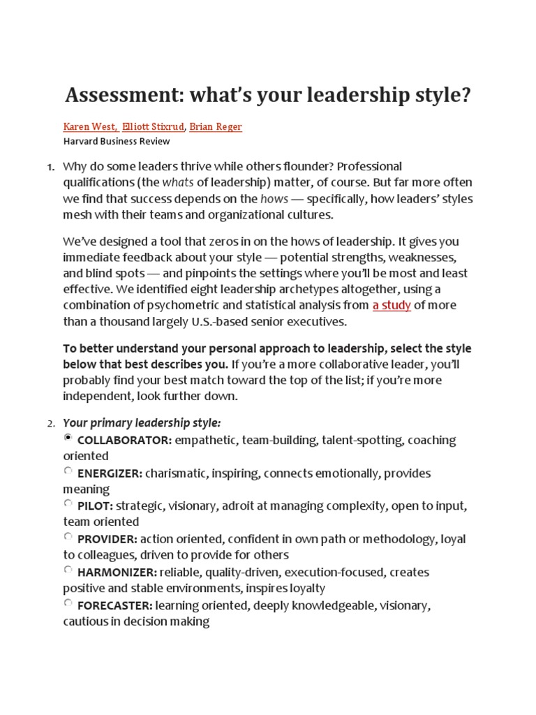 HBR Assessment - What's Your Leadership Style - Karen West, Elliott ...