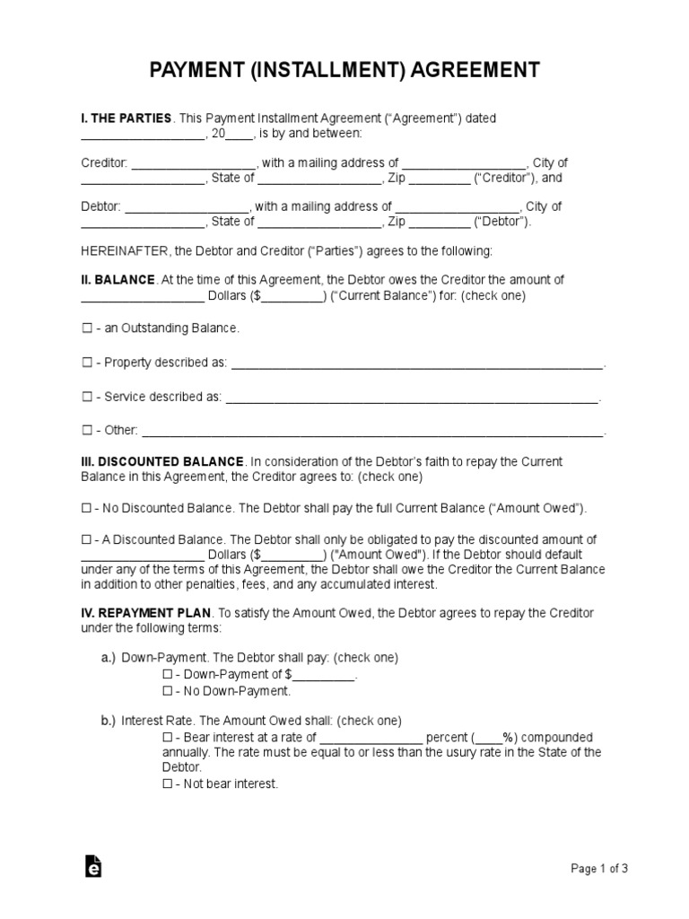 Payment (Installment) Agreement: Page 1 of 3 | Download Free PDF ...