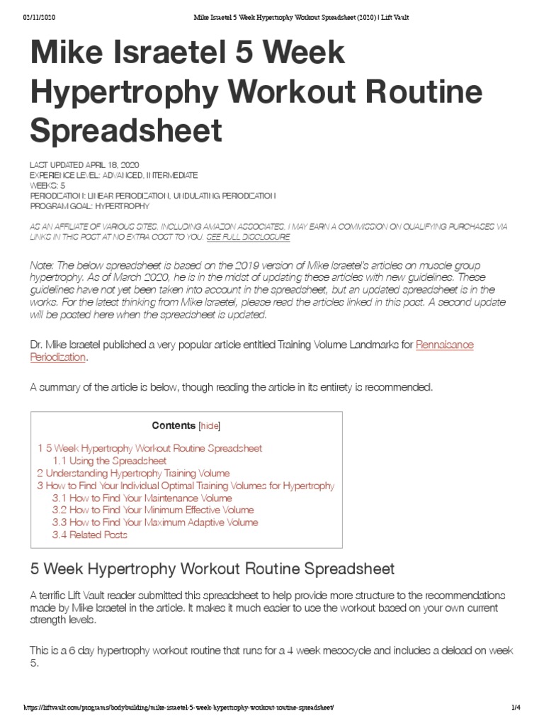 Mike Israetel 5 Week Hypertrophy Workout Spreadsheet (2020) - Lift ...