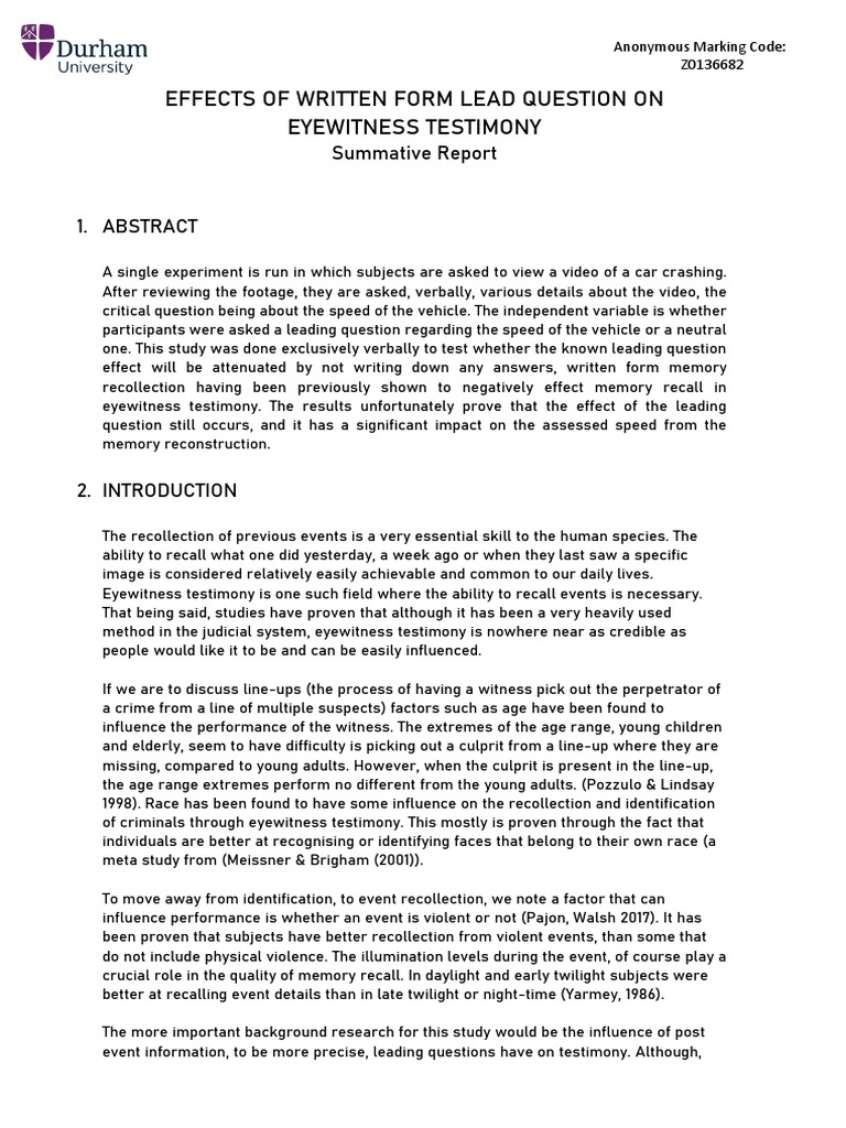 Effects of Written Form Lead Question On Eyewitness Testimony | PDF ...