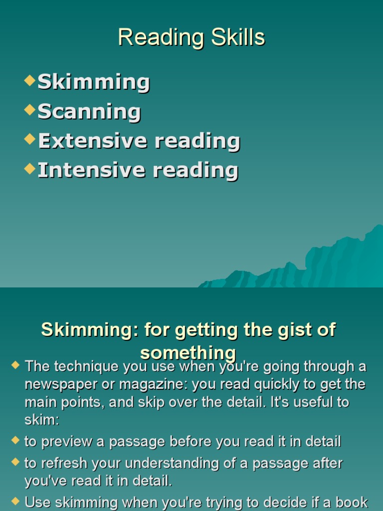 Skimming Scanning Extensive Reading Intensive Reading | PDF | Speed Reading | Cognition