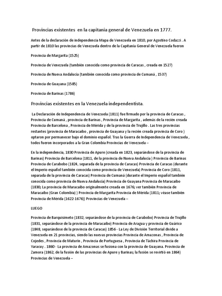 Provincias Existentes en La Capitania General de Venezuela en 1777 ...
