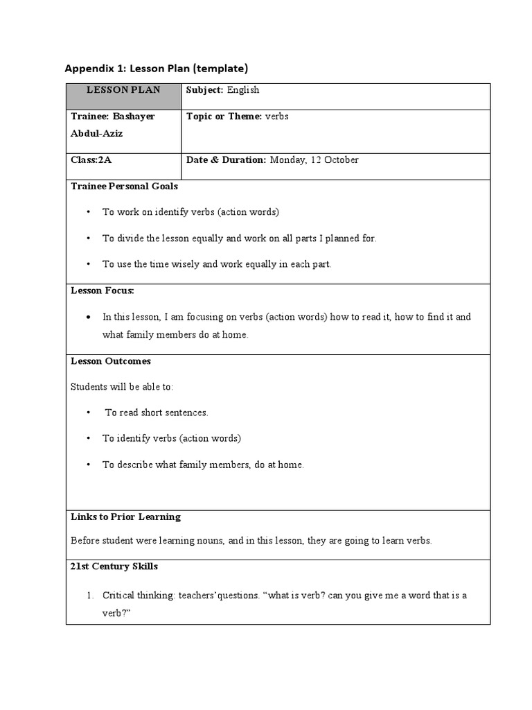 Appendix 1: Lesson Plan (Template) : Lesson Plan Subject: English Trainee: Bashayer Abdul-Aziz ...