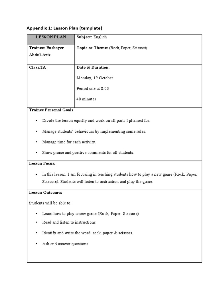 Rock, Paper, Scissors Lesson Plan | PDF | Lesson Plan | Teaching
