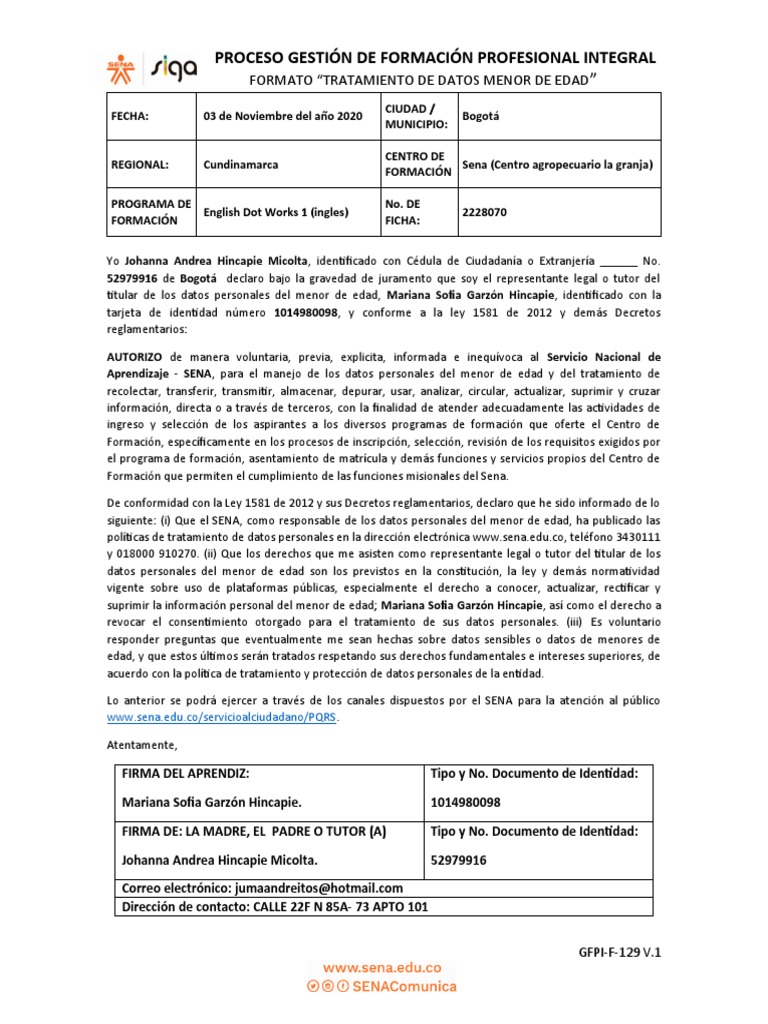 GFPI-F-129 Formato Tratamiento de Datos Menor de Edad | PDF | Gobierno | Science