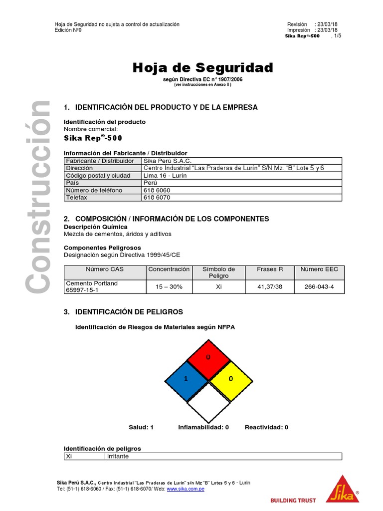52-Msds - Sika Rep-500 - Mortero de Reparacion | PDF
