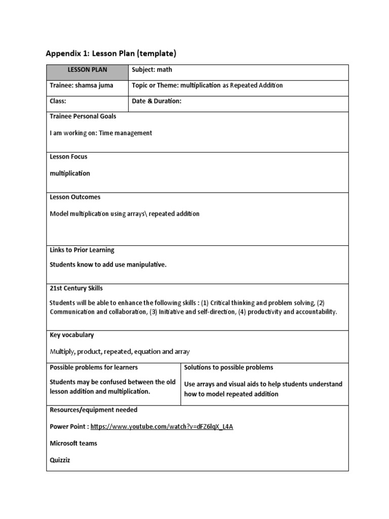 Appendix 1: Lesson Plan (Template) | PDF | Educational Assessment ...