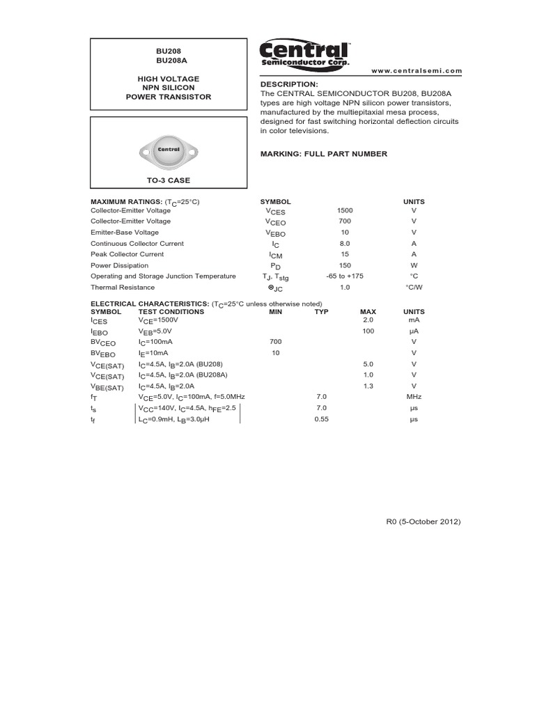 BU208 BU208A High Voltage NPN Silicon Power Transistor Description ...