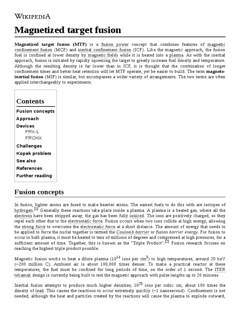 Magnetized Target Fusion | PDF | Fusion Power | Energy Technology