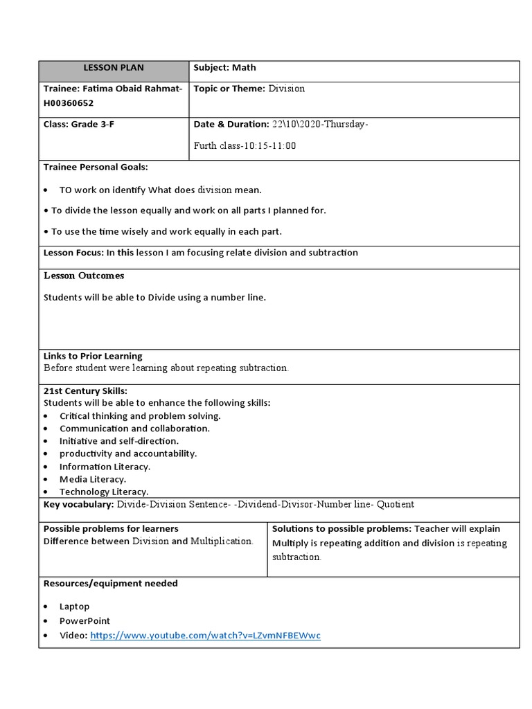Lesson Plan 5 | PDF | Division (Mathematics) | Lesson Plan
