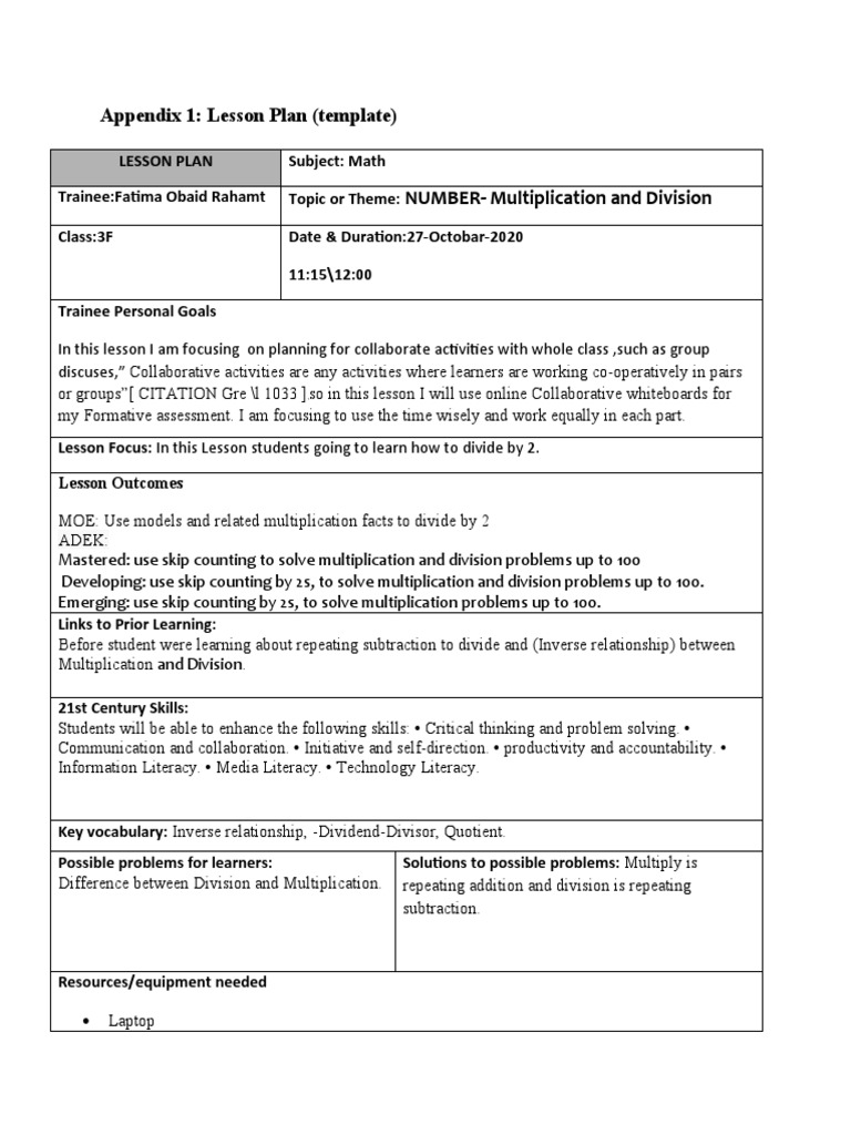 Appendix 1: Lesson Plan (Template) | PDF | Division (Mathematics ...