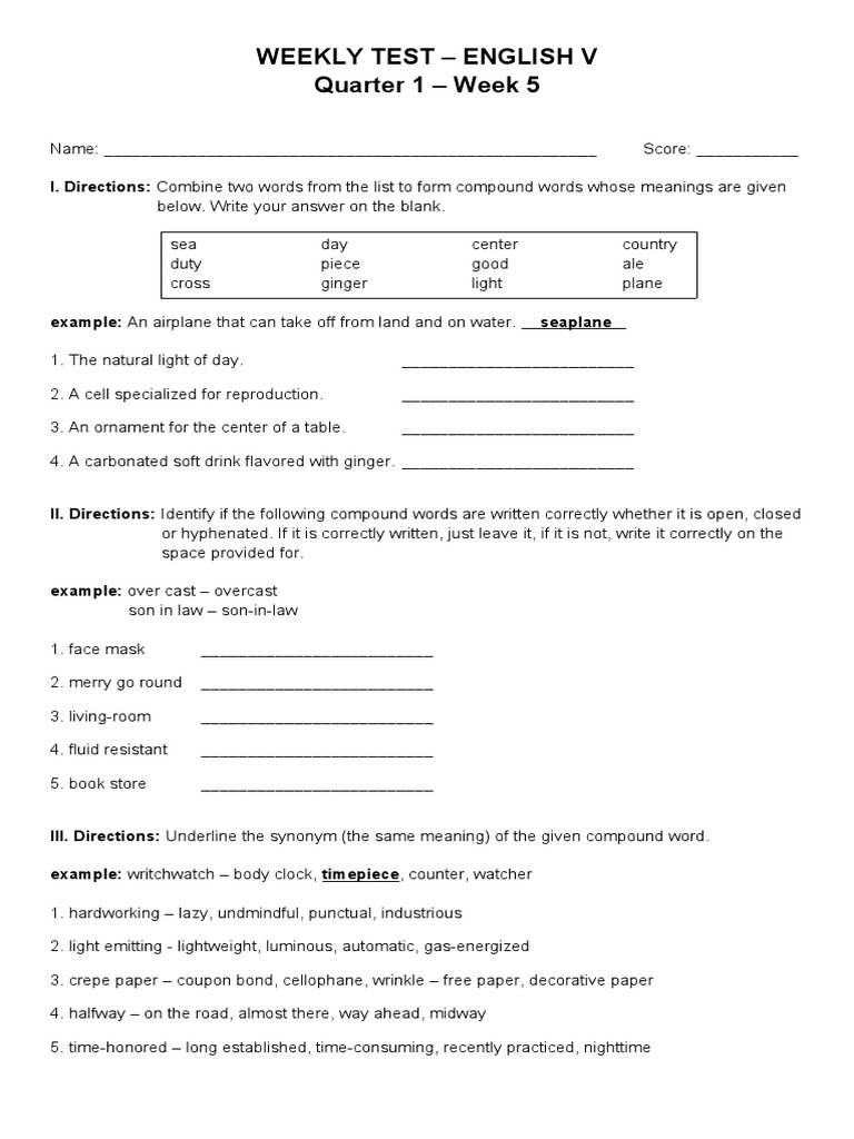 Weekly English Test: Compound Words | PDF