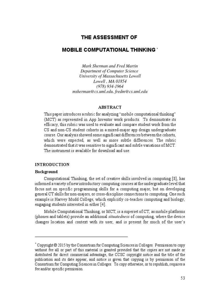 The Assessment Of Mobile Computational Thinking Pdf Rubric