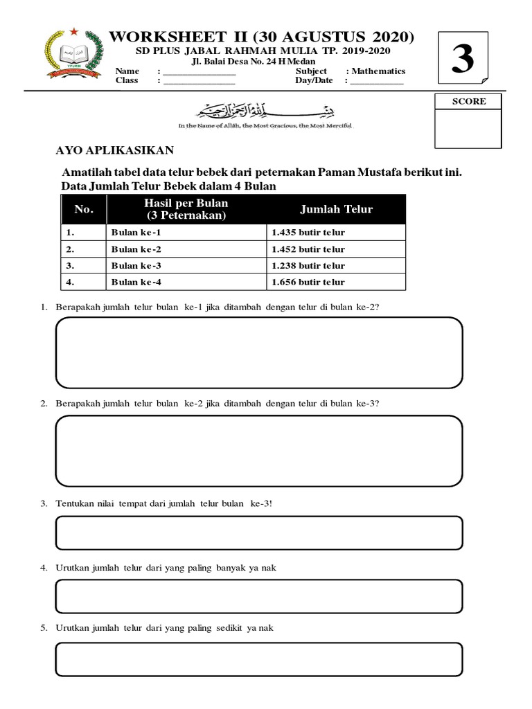 Worksheet 2 Math Kelas 3 (Kamis, 30 Agustus 2020) | PDF