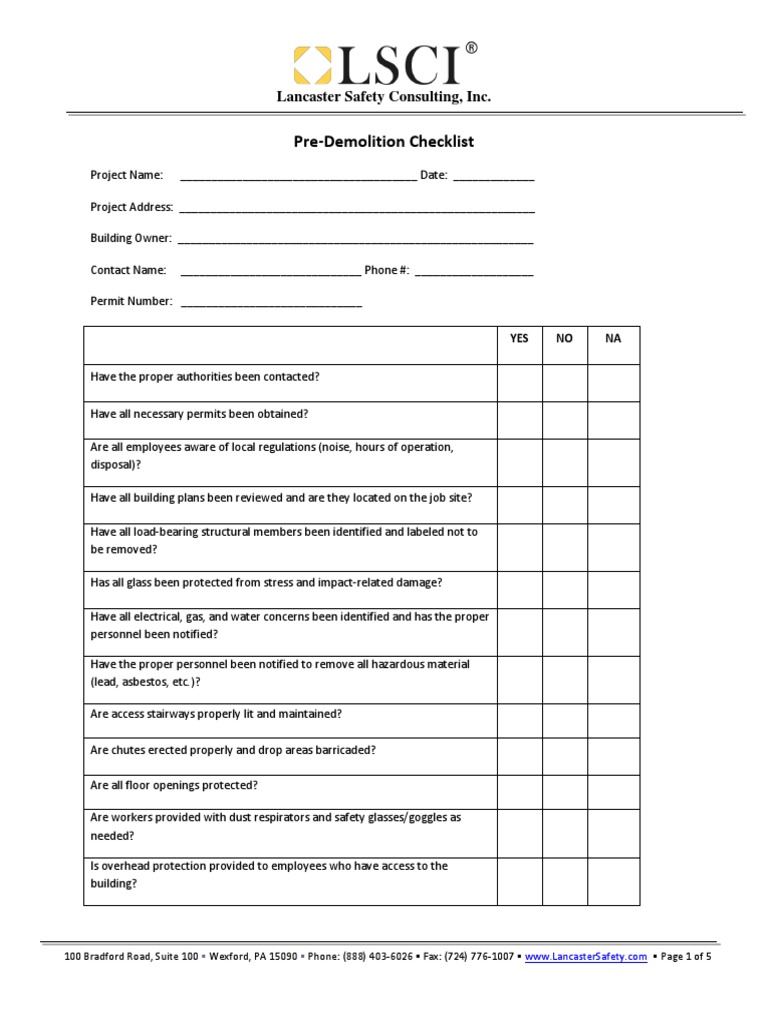 Pre-Demolition Checklist: Lancaster Safety Consulting, Inc | PDF ...