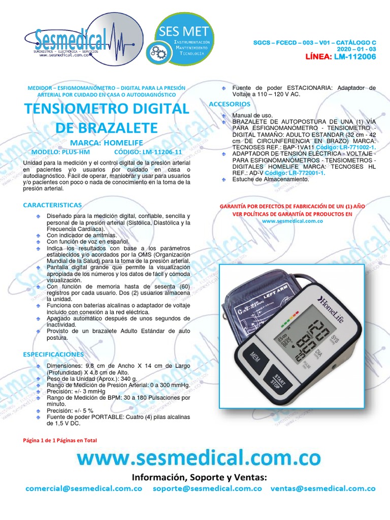 Tensiometro Homelife Plus-Hm - Sesmedical | PDF | Presión sanguínea ...