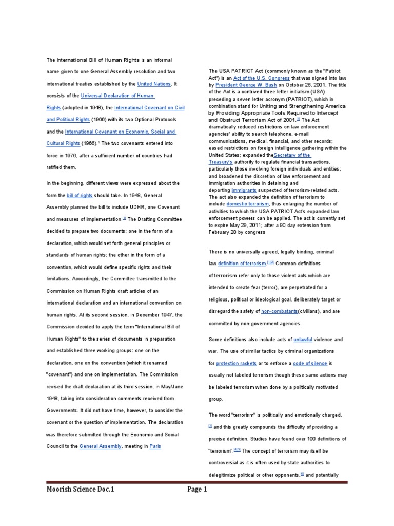 International Bill of Human Rights and USA PATRIOT Act Explained | PDF ...