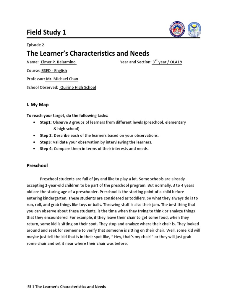Belarmino Elmer - FS1 - Episode 2 - The Learner's Characteristics and Needs | PDF | Cognitive ...
