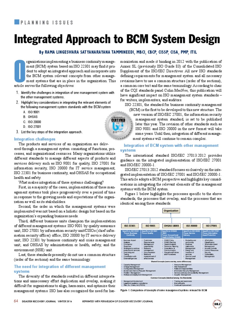 Integrated Approach To BCM System Design: by Rama Lingeswara ...