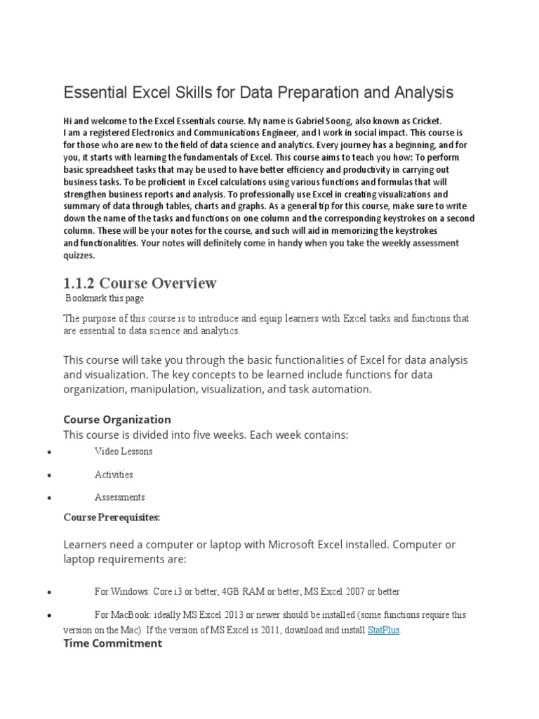 Essential Excel Skills For Data Preparation and Analysis Week 1 | PDF ...