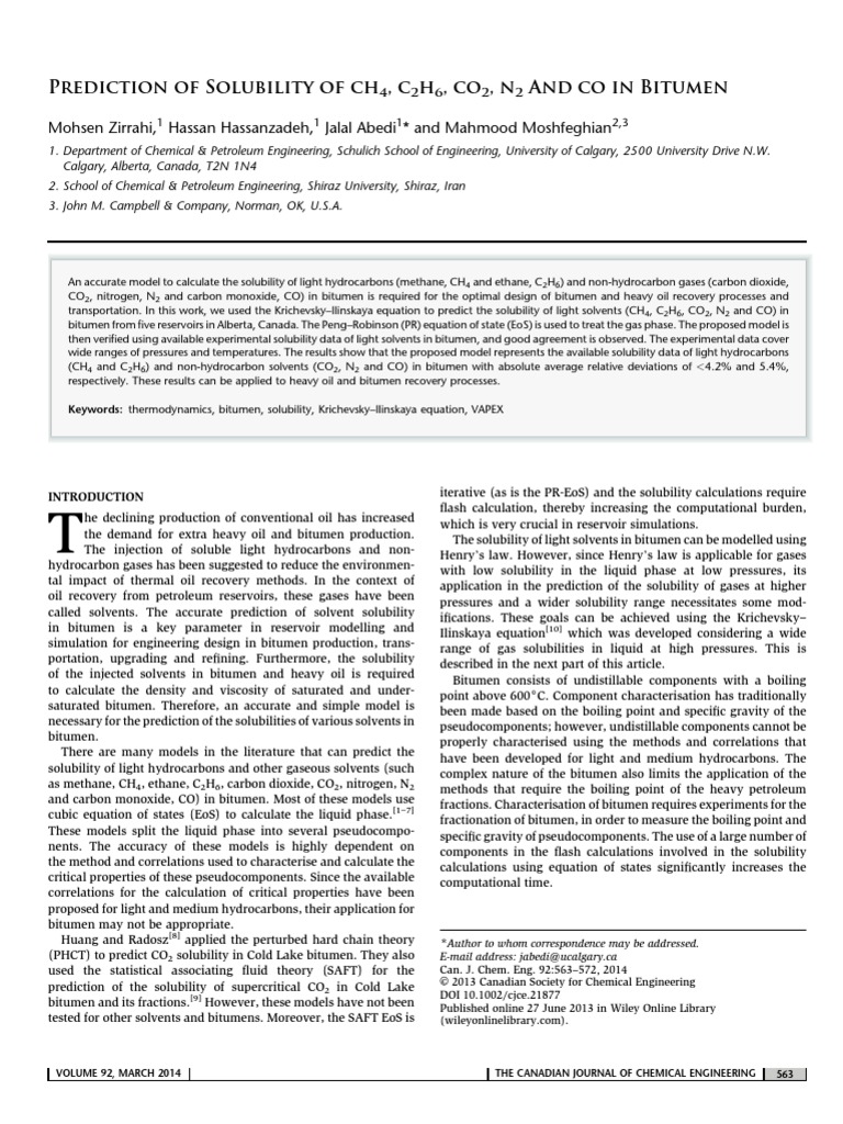 Prediction of Solubility of CH, C H, Co, N and Co in Bitumen | PDF | Solubility | Petroleum