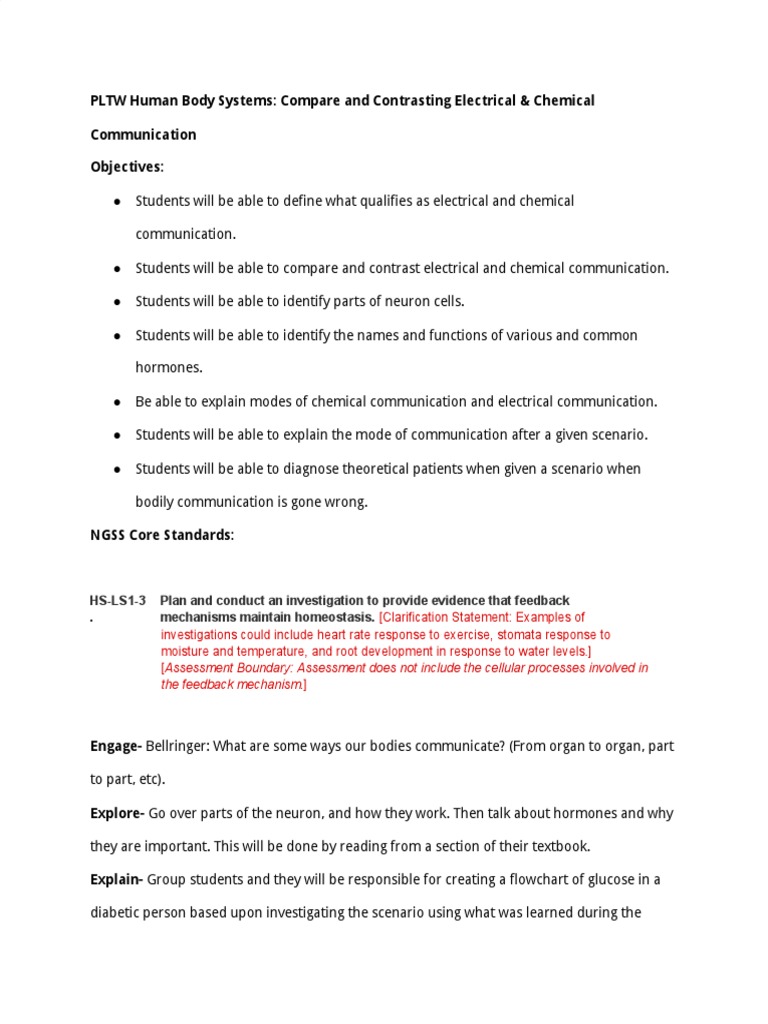 PLTW Human Body Systems Compare and Contrasting Electrical Chemical ...