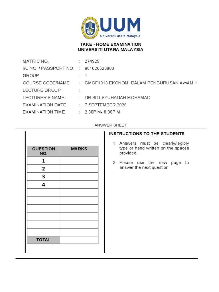Template Jawapan Take Home Exam Gmgf1013 (Betul) | PDF